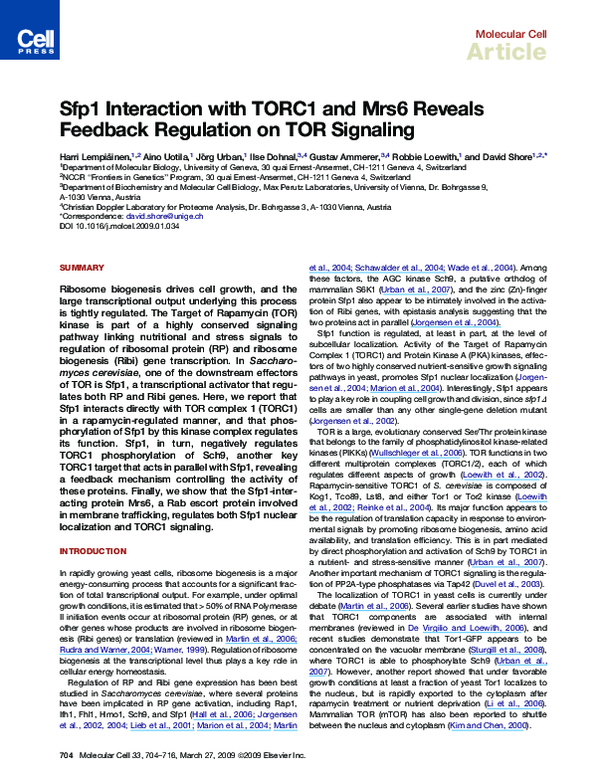 (PDF) Sfp1 and TORC1: Feedback Regulation in Growth
