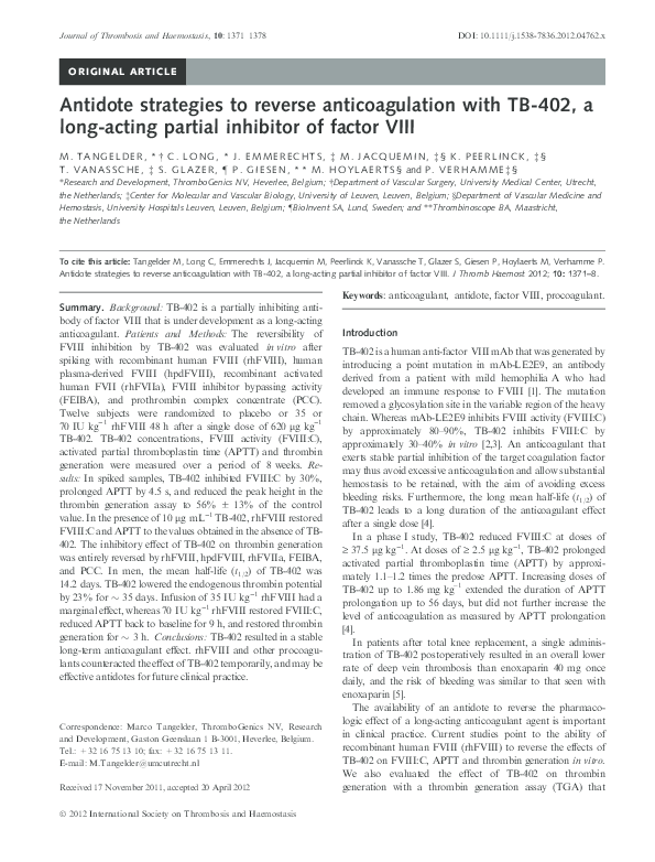 (PDF) Antidote strategies to reverse anticoagulation with TB‐402, a long‐acting partial ...