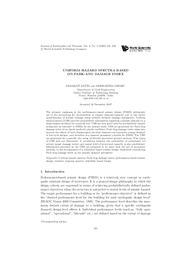 (PDF) UNIFORM HAZARD SPECTRA BASED ON PARK-ANG DAMAGE INDEX