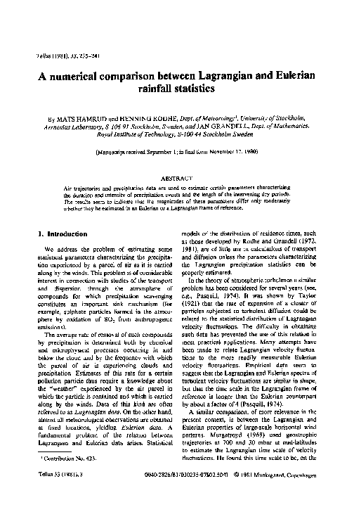 (PDF) A numerical comparison between Lagrangian and Eulerian rainfall statistics | Henning Rodhe ...