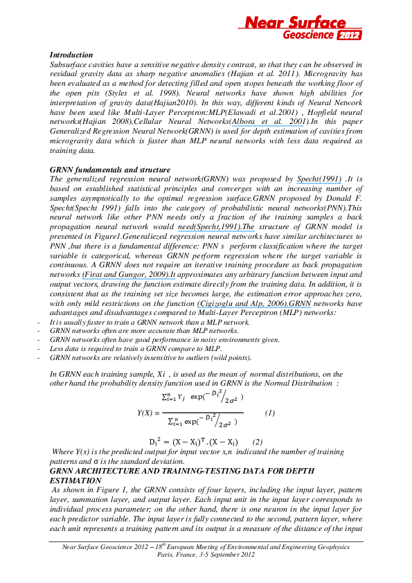 Pdf Generalized Regression Neural Networks For Cavities Depth