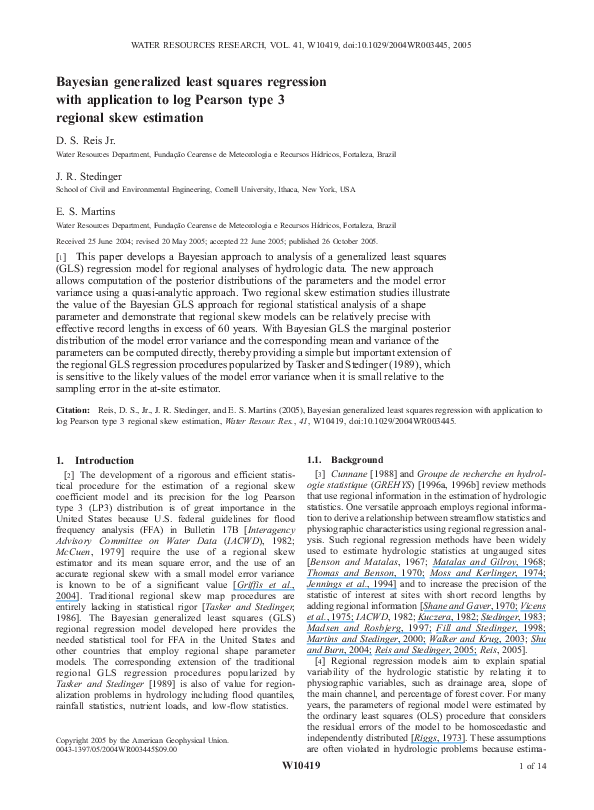 (PDF) Bayesian generalized least squares regression with application to log Pearson type 3 ...