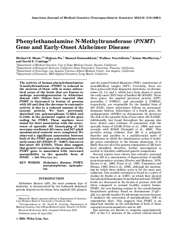 (PDF) Phenylethanolamine N-methyltransferase (PNMT) gene and early ...