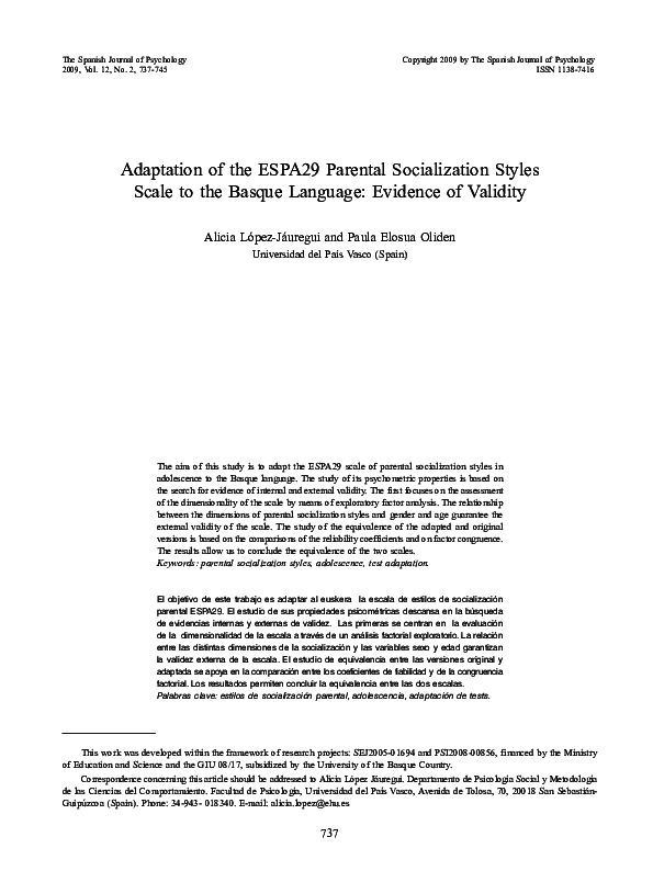 (PDF) Adaptation of the ESPA29 Parental Socialization Styles Scale to ...