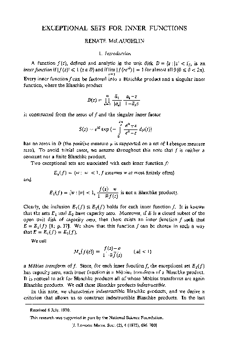 (PDF) Exceptional Sets for Inner Functions
