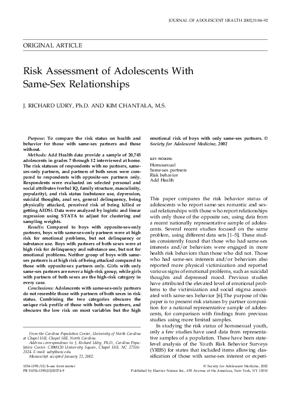 (PDF) Risk assessment of adolescents with same-sex relationships