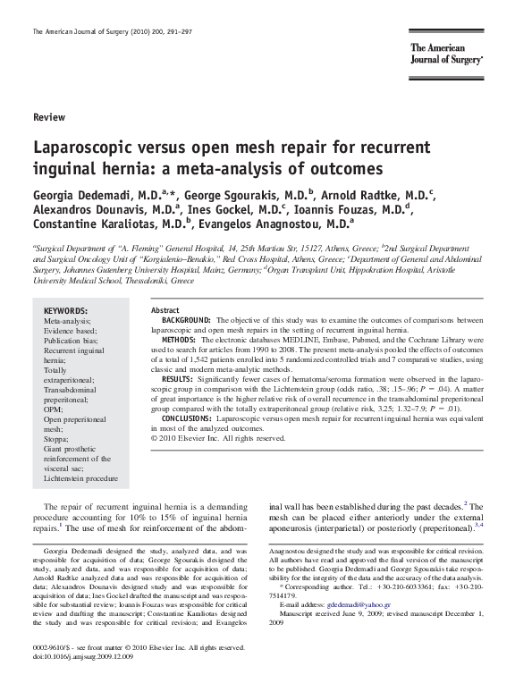(PDF) Laparoscopic versus open mesh repair for recurrent inguinal hernia: a meta-analysis of ...