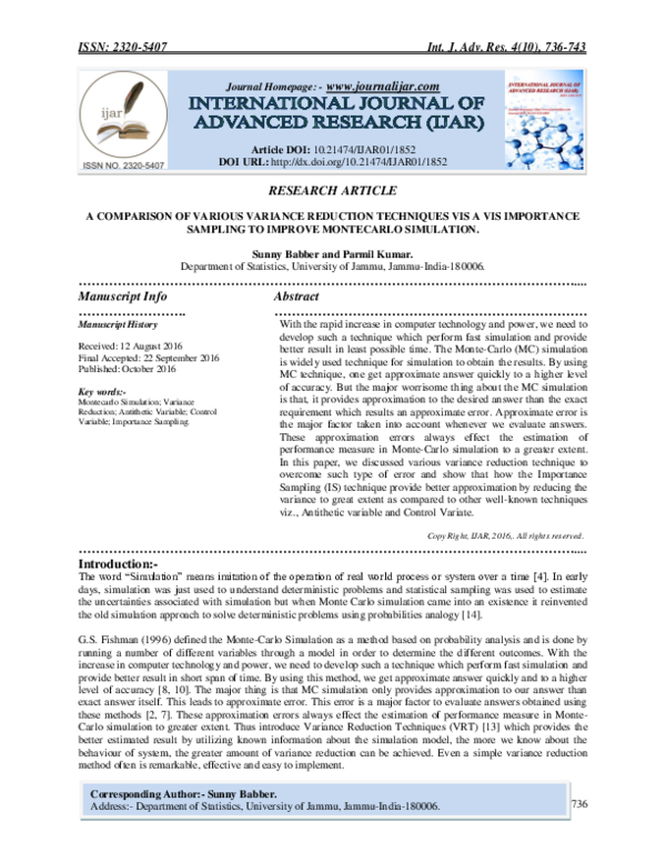 Pdf A Comparison Of Various Variance Reduction Techniques Vis A Vis Importance Sampling To