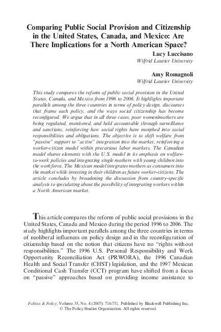 (PDF) Comparing Public Social Provision and Citizenship in the United ...