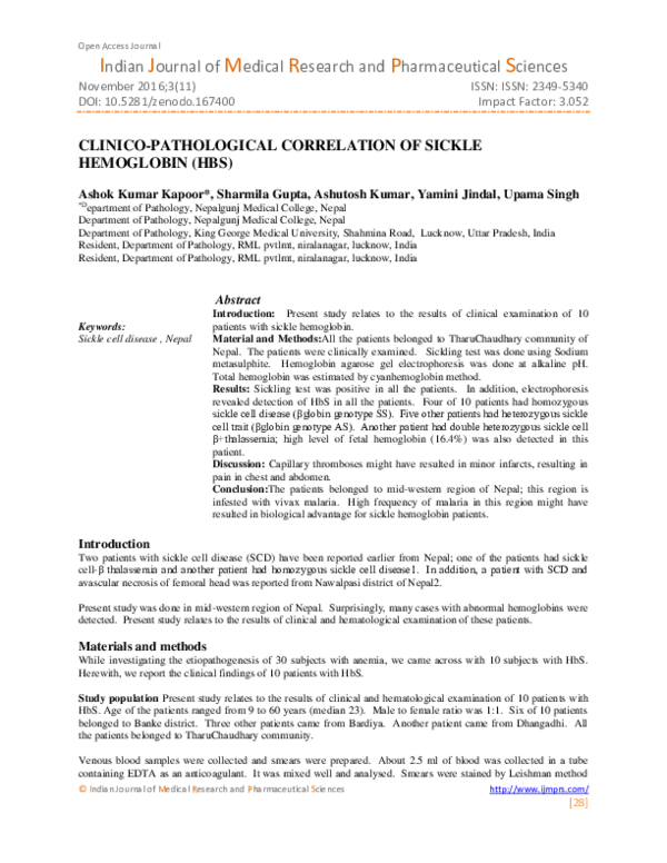 (PDF) CLINICO-PATHOLOGICAL CORRELATION OF SICKLE HEMOGLOBIN (HBS