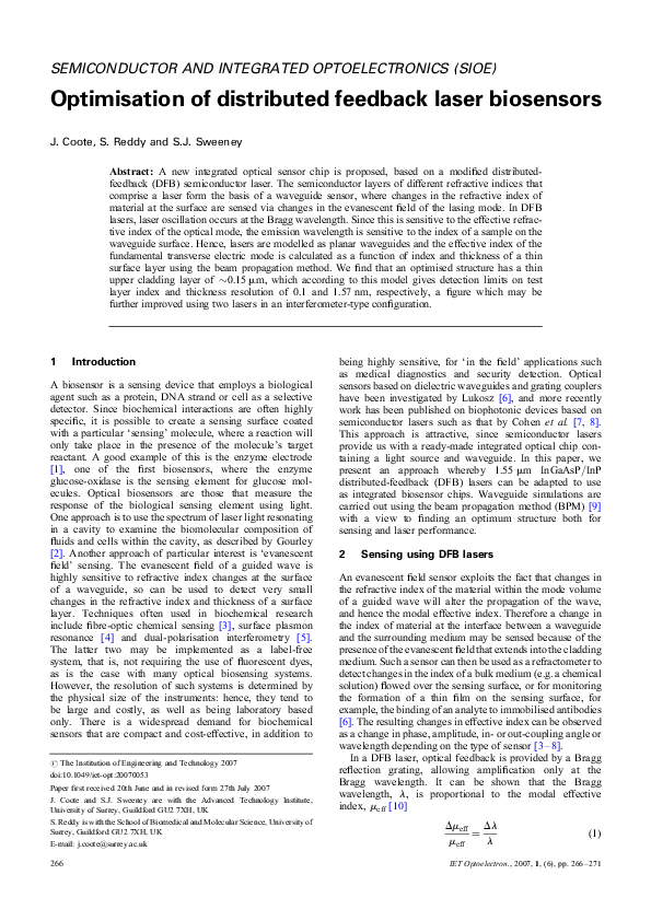 (PDF) Optimisation of distributed feedback laser biosensors