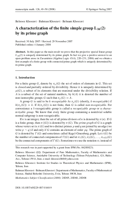 (PDF) A characterization of the finite simple group L16 (2) by its prime graph