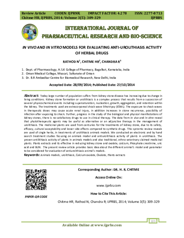 (PDF) IN VIVO AND IN VITRO MODELS FOR EVALUATING ANTI-UROLITHIASIS ...