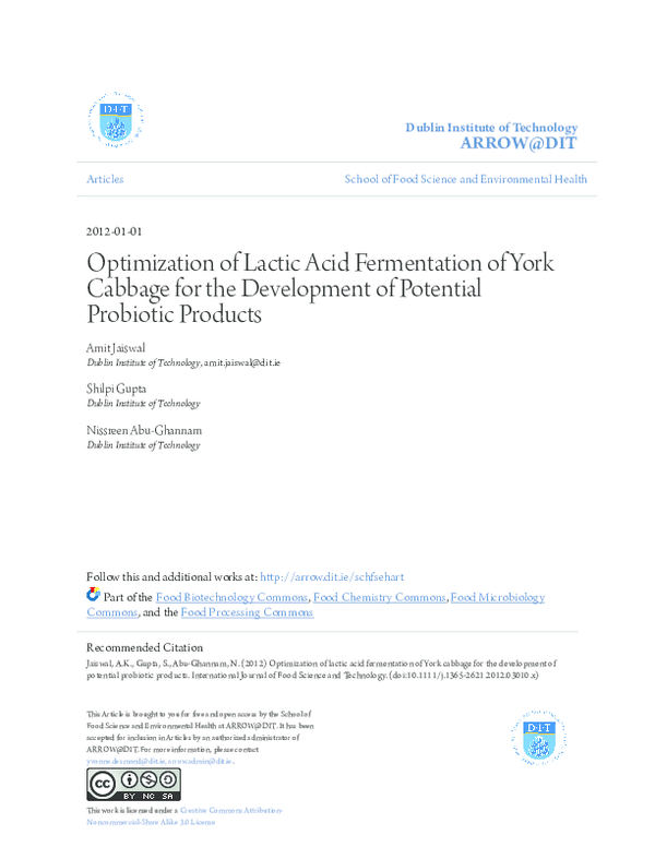 (PDF) Optimization of Lactic Acid Fermentation of York Cabbage for the ...