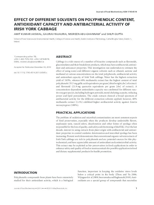 (PDF) Effect of different solvents on polyphenolic content, antioxidant capacity and ...