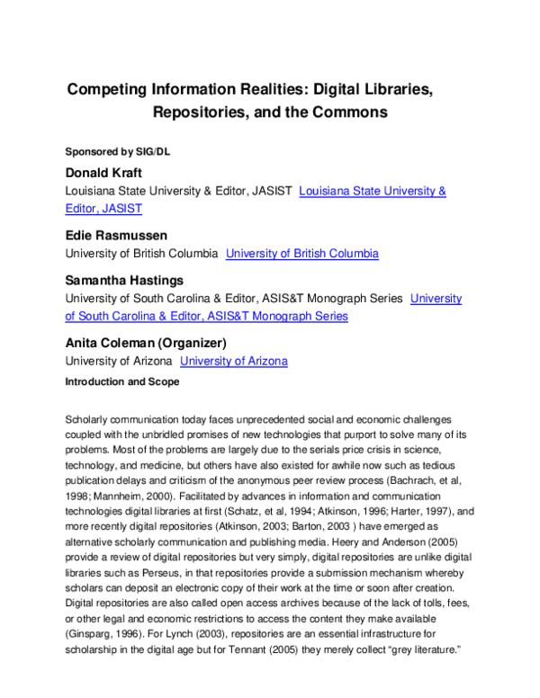 (PDF) Competing information realities: Digital libraries, repositories ...