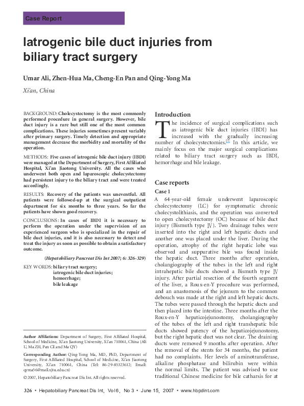 (PDF) Iatrogenic bile duct injuries from biliary tract surgery