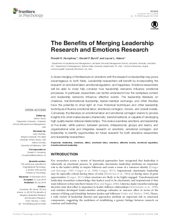 (PDF) The Benefits of Merging Leadership Research and Emotions Research