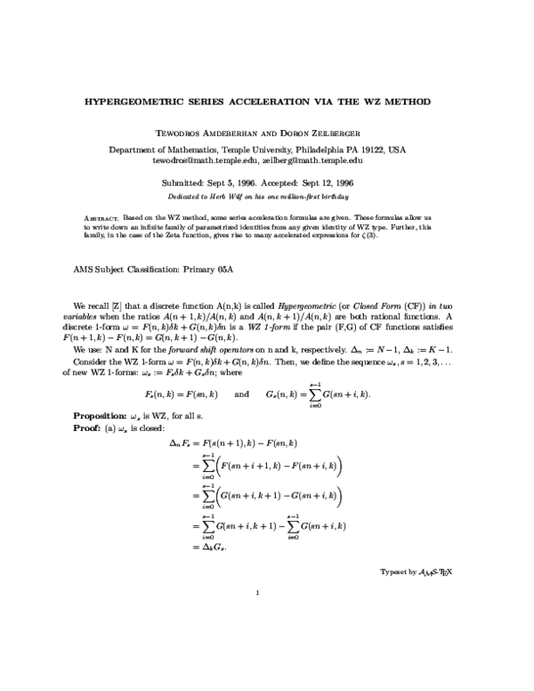 (PDF) Hypergeometric series acceleration via the WZ method