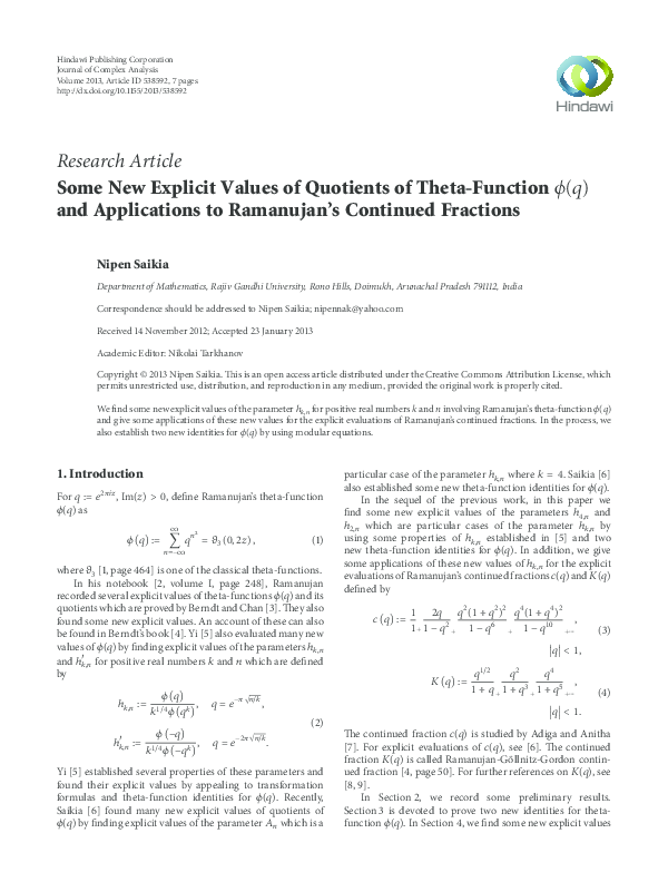 Pdf Some New Explicit Values Of Quotients Of Theta Function φ Q And