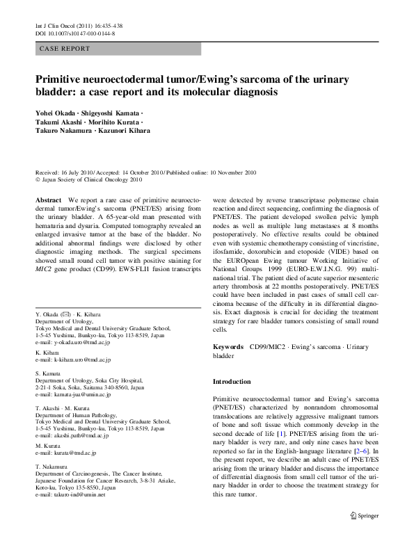 Pdf Primitive Neuroectodermal Tumor Ewings Sarcoma In Adult Uro Oncology A Case Series From