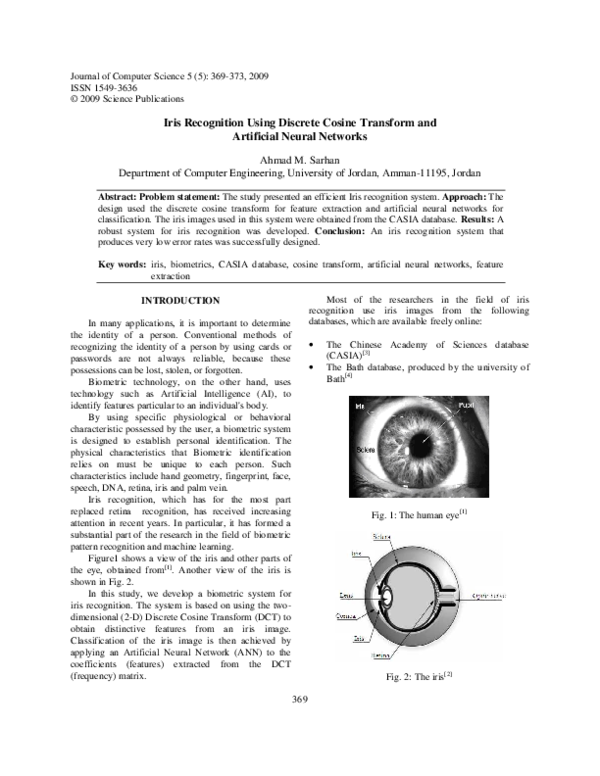 Pdf Iris Recognition Using Discrete Cosine Transform And Kekres Fast Codebook Generation