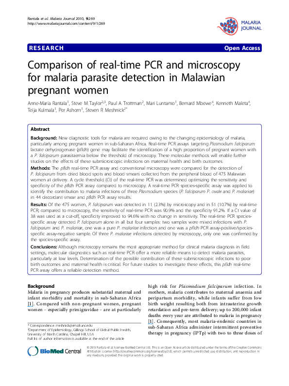 (PDF) Comparison of real-time PCR and microscopy for malaria parasite ...