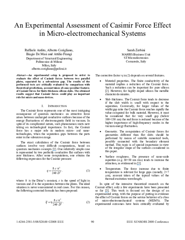 (PDF) An experimental assessment of Casimir force effect in micro-electromechanical systems