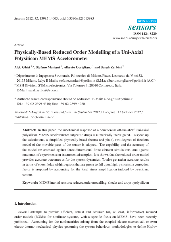 Pdf Physically Based Reduced Order Modelling Of A Uni Axial Polysilicon Mems Accelerometer