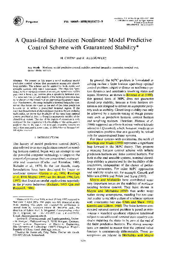 (PDF) A quasi-infinite horizon nonlinear model predictive control scheme with guaranteed stability