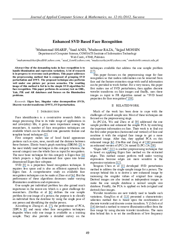 Pdf Enhanced Svd Based Face Recognition