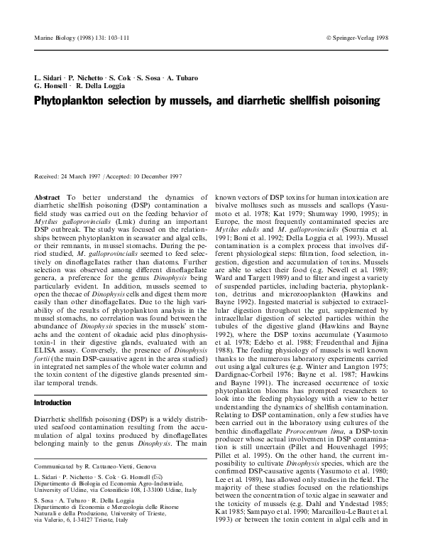 (PDF) Phytoplankton selection by mussels, and diarrhetic shellfish ...