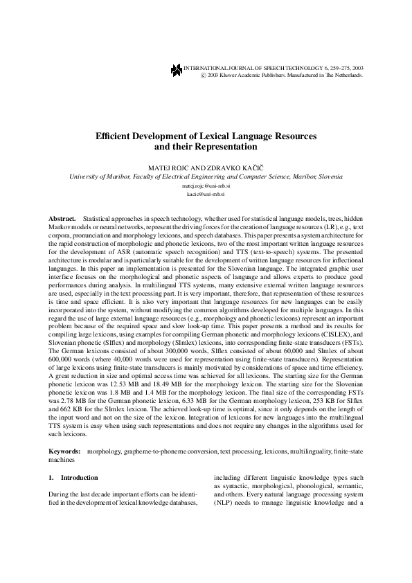 (PDF) Efficient Development of Lexical Language Resources and their Representation