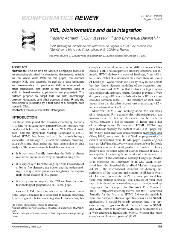 (PDF) XML, bioinformatics and data integration | Frederic Achard - Academia.edu