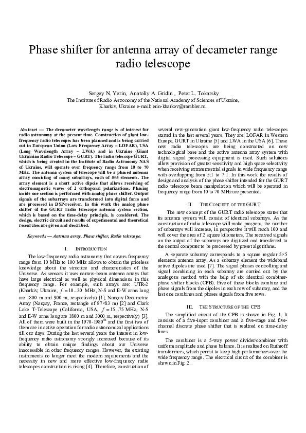 (PDF) Phase shifter for antenna array of decameter range radio telescope