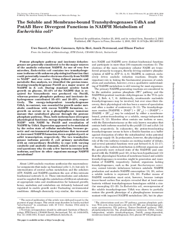 (PDF) The Soluble and Membrane-bound Transhydrogenases UdhA and PntAB ...