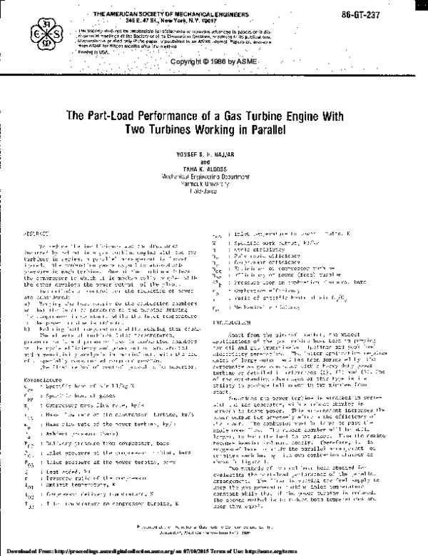 Pdf The Part Load Performance Of A Gas Turbine Engine With Two Turbines Working In Parallel