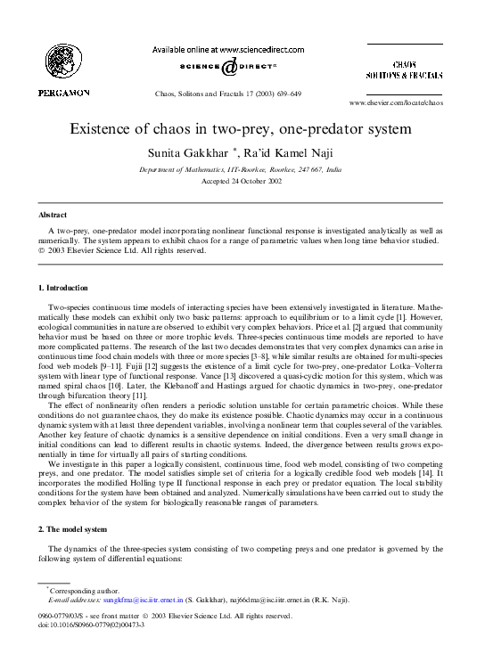 (PDF) Existence of chaos in two-prey, one-predator system