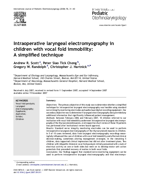 (PDF) Intraoperative laryngeal electromyography in children with vocal ...