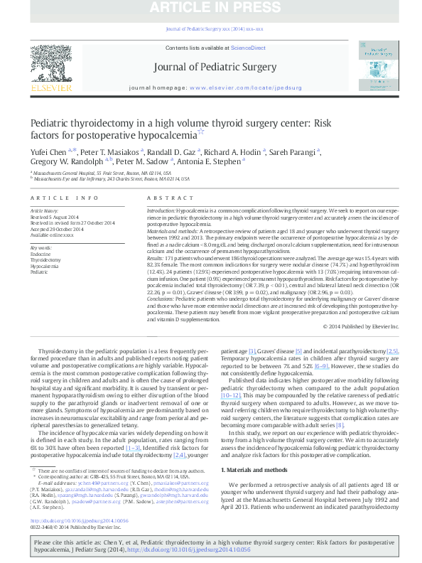 (PDF) Pediatric thyroidectomy in a high volume thyroid surgery center: Risk factors for ...