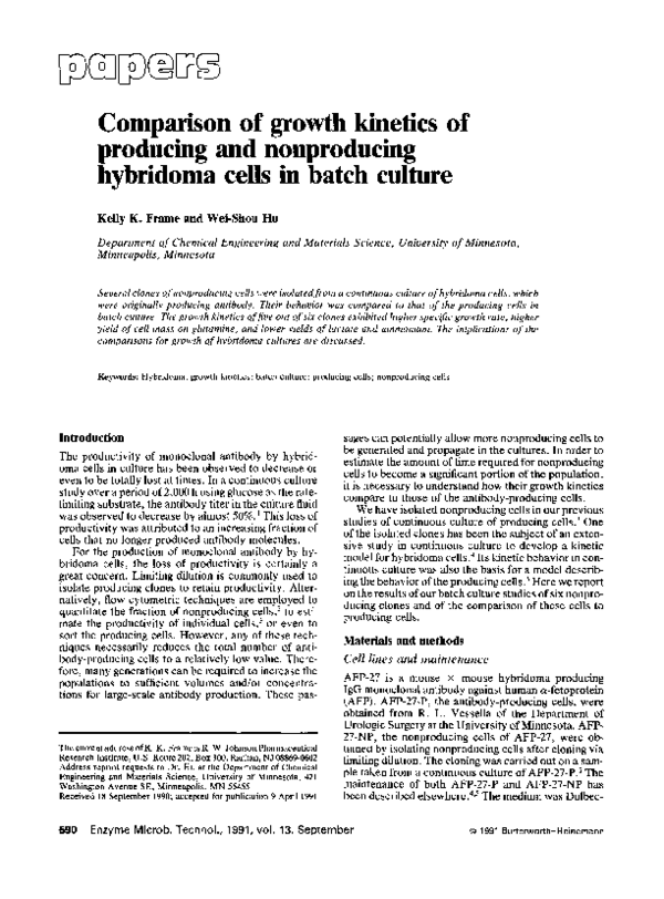 (PDF) Comparison of growth kinetics of producing and nonproducing hybridoma cells in batch culture