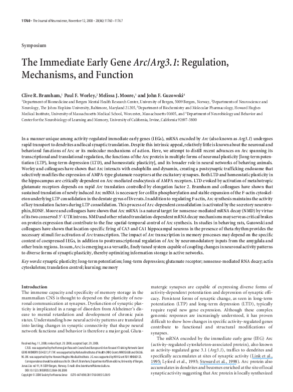 (PDF) The immediate early gene arc/arg3. 1: regulation, mechanisms, and ...