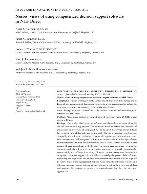 (PDF) Nurses' views of using computerized decision support software in NHS Direct