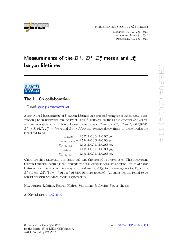 (PDF) Measurements of the B +, B 0, $ B_s^0 $ meson and $ \Lambda_b^0 $ baryon lifetimes