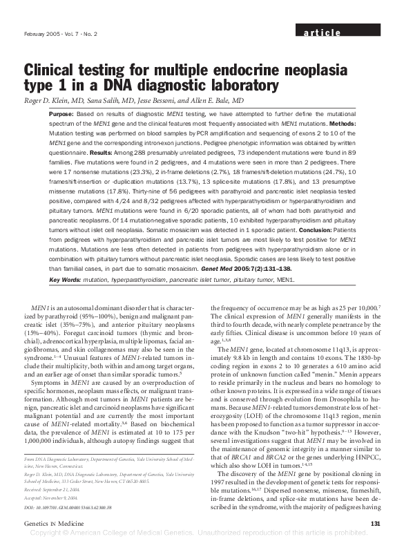 (PDF) Clinical testing for multiple endocrine neoplasia type 1 in a DNA ...