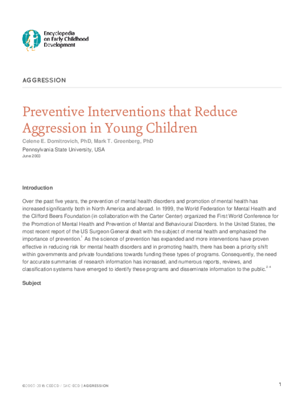(PDF) Preventive Interventions that Reduce Aggression in Young Children