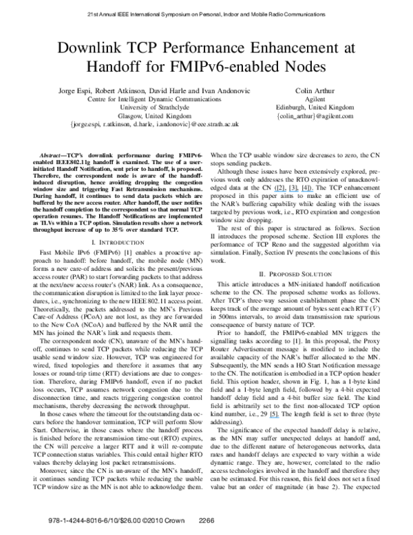 (PDF) Downlink TCP performance enhancement at handoff for FMIPv6-enabled nodes