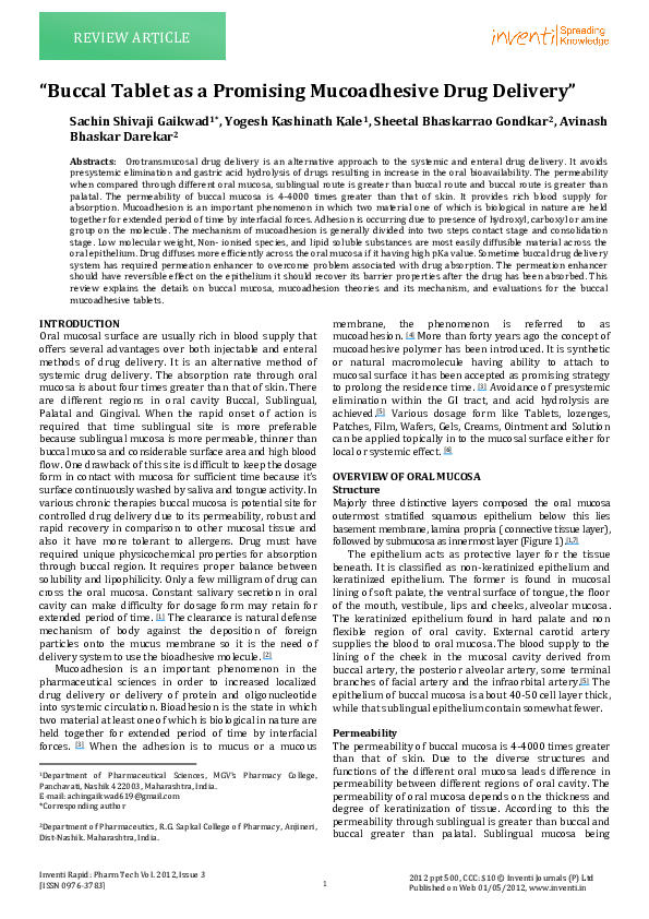 (PDF) BUCCAL TABLET AS A PROMISING MUCOADHESIVE DRUG DELIVERY