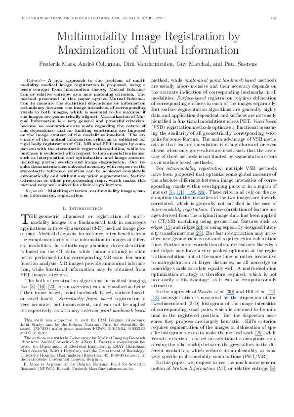 Pdf Multimodality Image Registration By Maximization Of Mutual Information