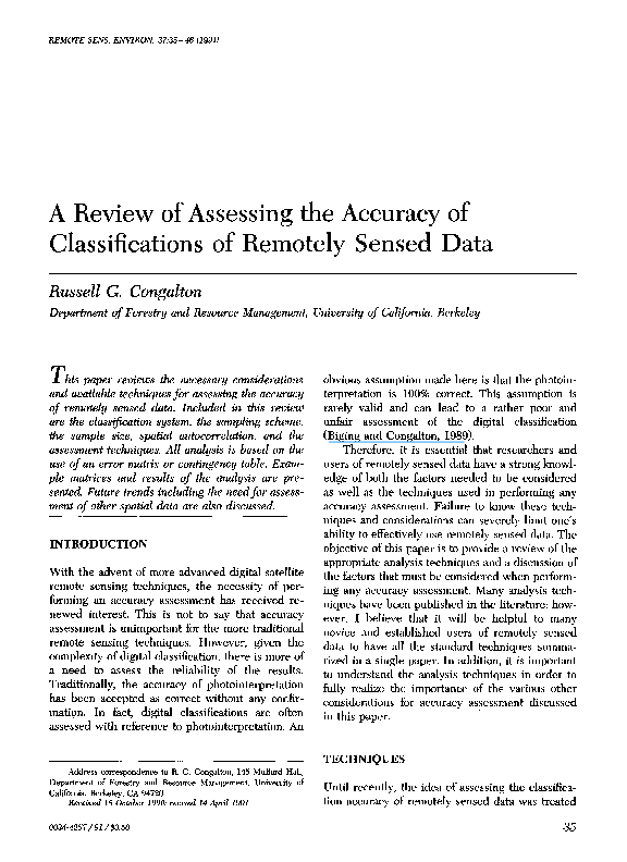 (PDF) A review of assessing the accuracy of classifications of remotely sensed data